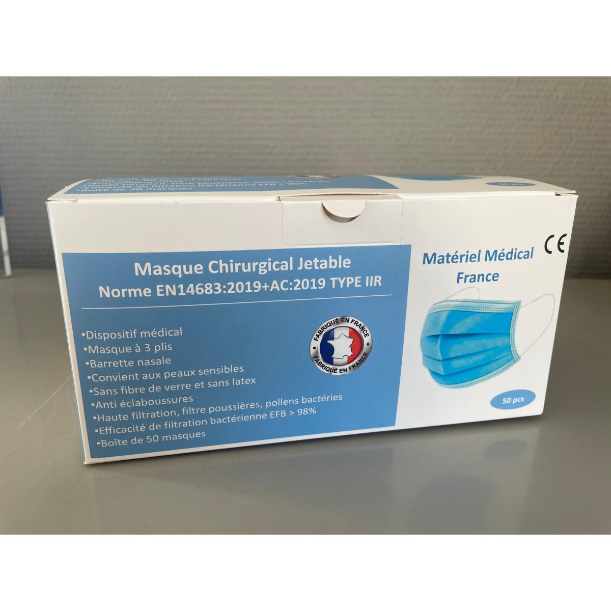 MASQUE CHIRURGICAL JETABLE 3 Plis TYPE IIR EN14683 Boîte de 50